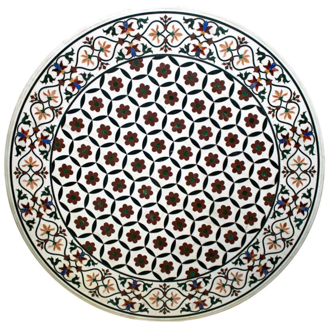 Marble Round Table Top, Dining Table, White Marble Inlay Art, Round ...