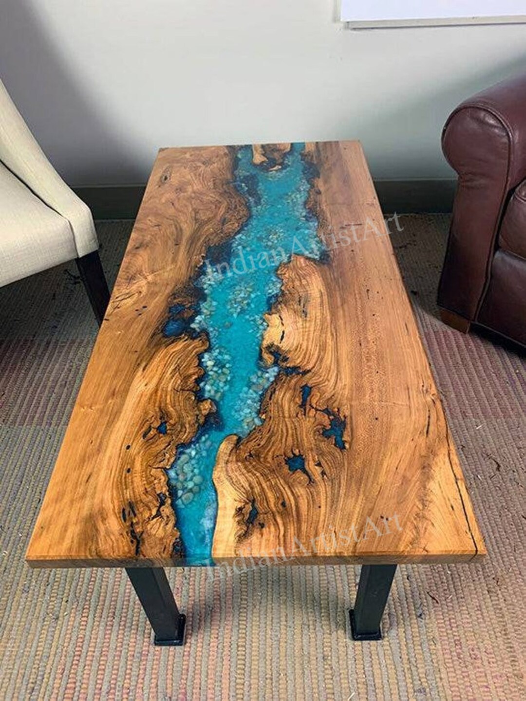 Live Edge Wooden Epoxy Table Top in Blue Pigment Color - Etsy