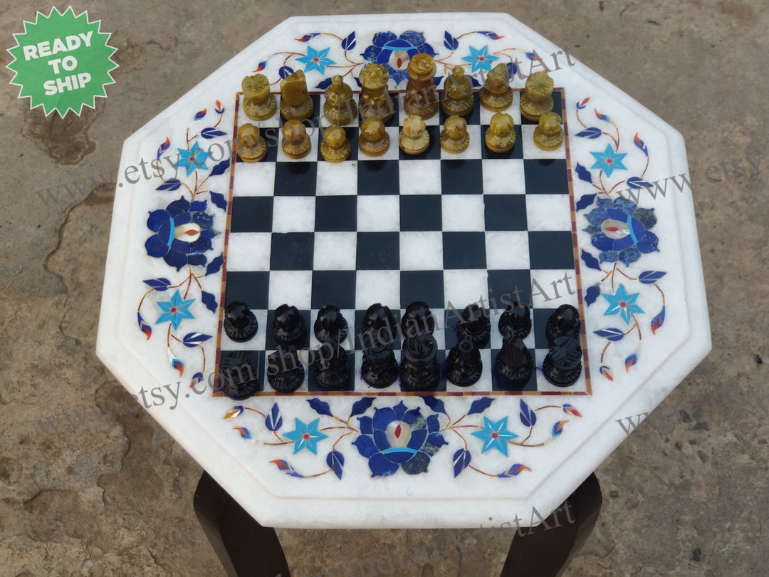 Blue Lapis Lazuli Chess Set in White Marble / Indian Handmade Christmas ...