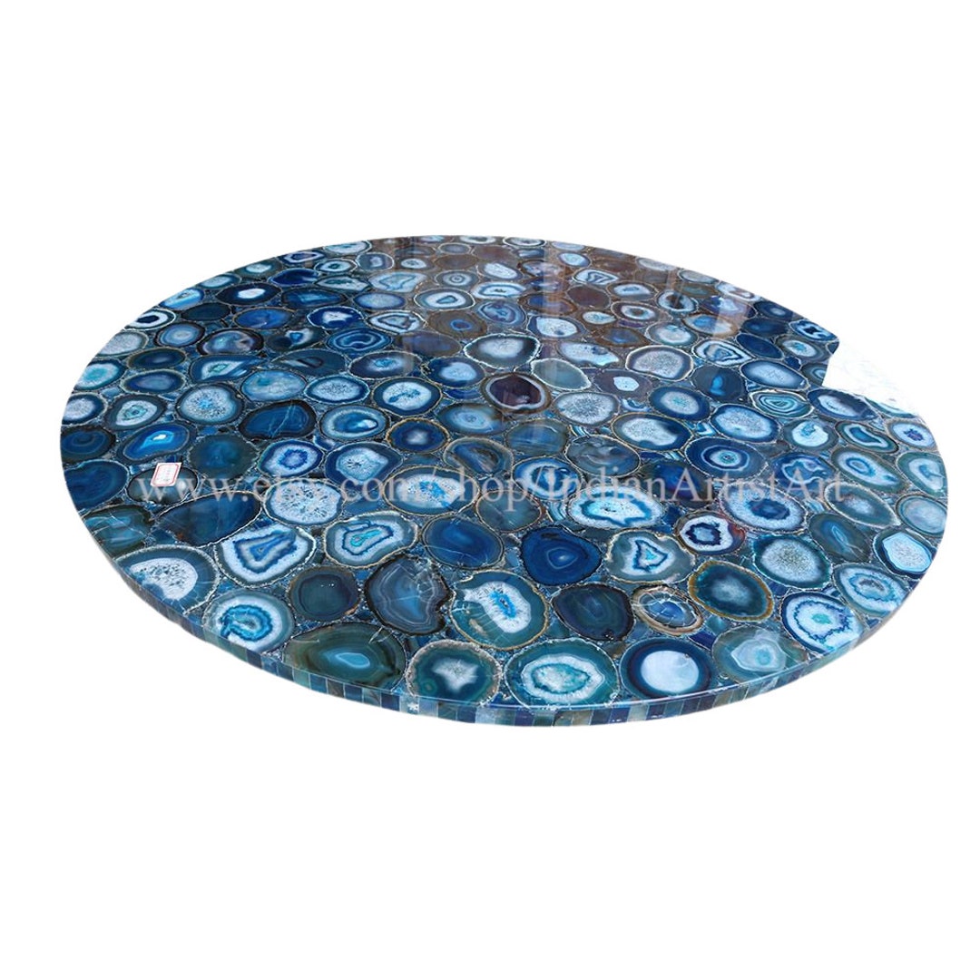 Natural Blue Agate Dining Table Top, Round Agate Table in Blue Color ...