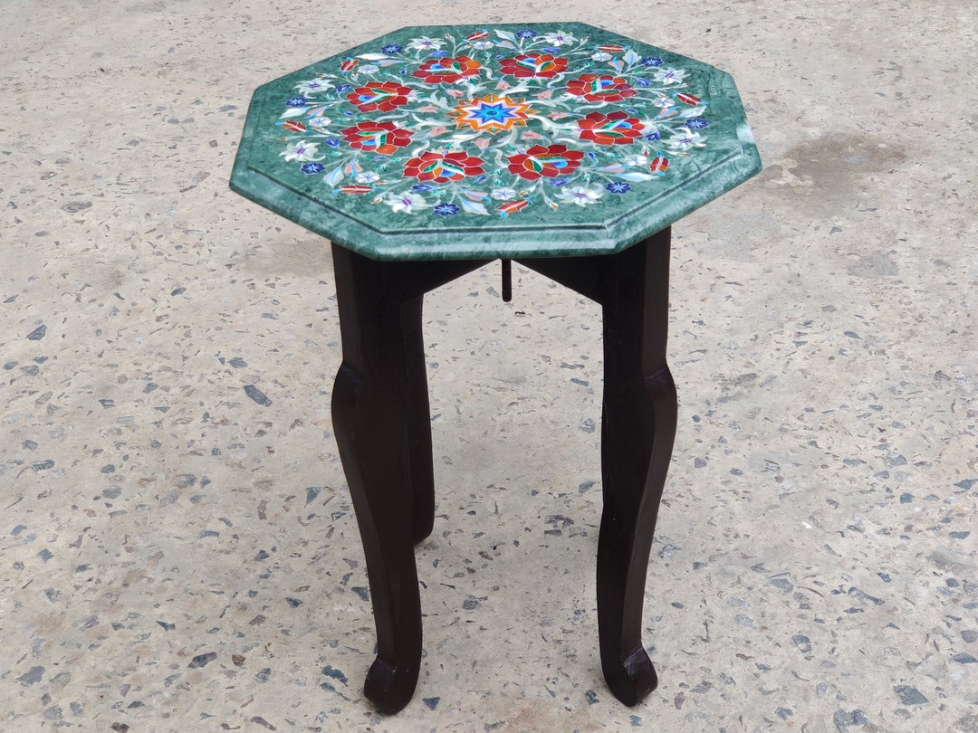 Handmade Green Marble End Table: Granite Inlay Art, Wooden Stand - Etsy
