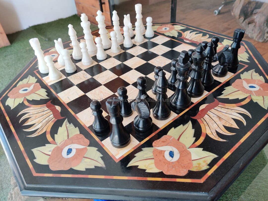 Chess Set Table in Black Marble With Pieces for Farmhouse and for ...