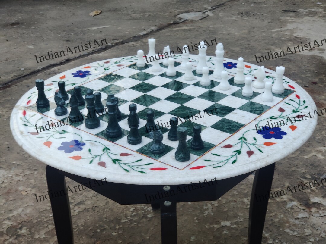 Inlay Art Marble Chess Table Set: Round Green & White Stone - Etsy