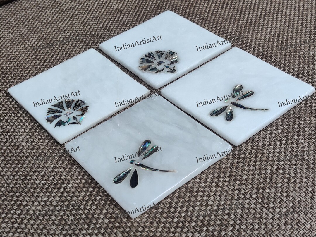 Dragonfly Design Tea Coasters in White Marble Inlaid With Shining ...