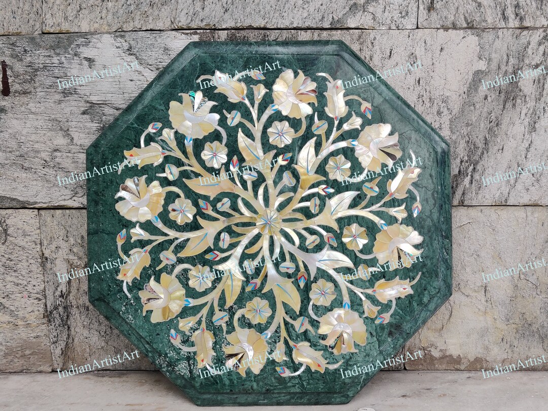Small Bedside Table Top in Green Marble Inlaid With MOP / Mother of ...