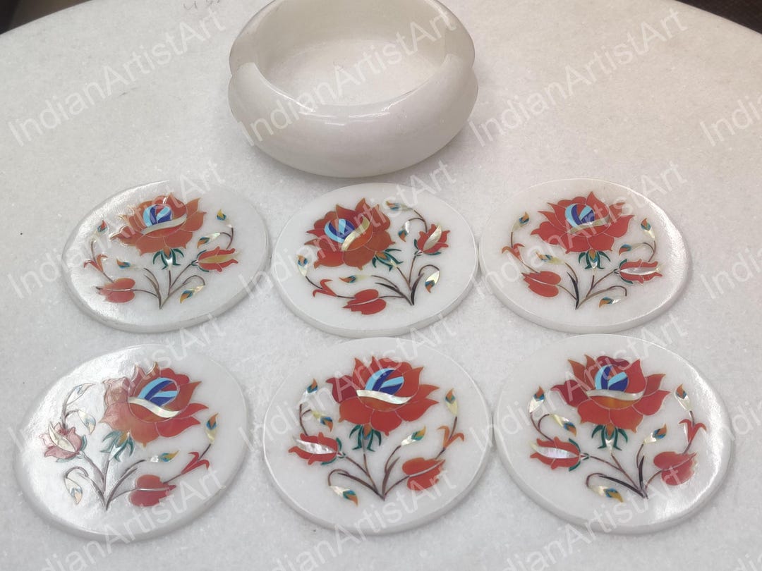 Cornelian Inlaid Coasters Set in White Marble / Marble Coasters With ...