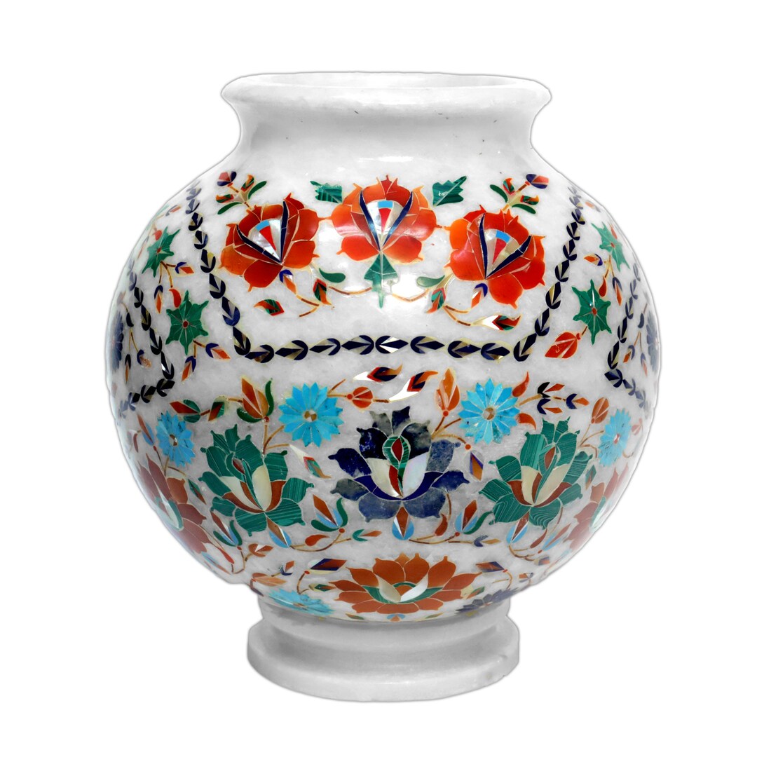 White Marble Flower Pot: Indian Inlay Vase, Home Decor (9"x8") - Etsy