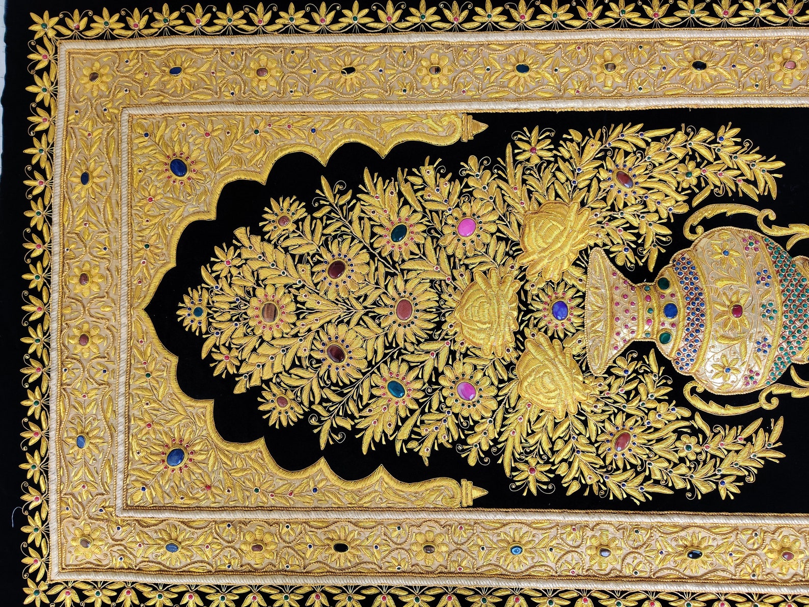 Golden thread zardozi floral tapestry with semi precious | Etsy
