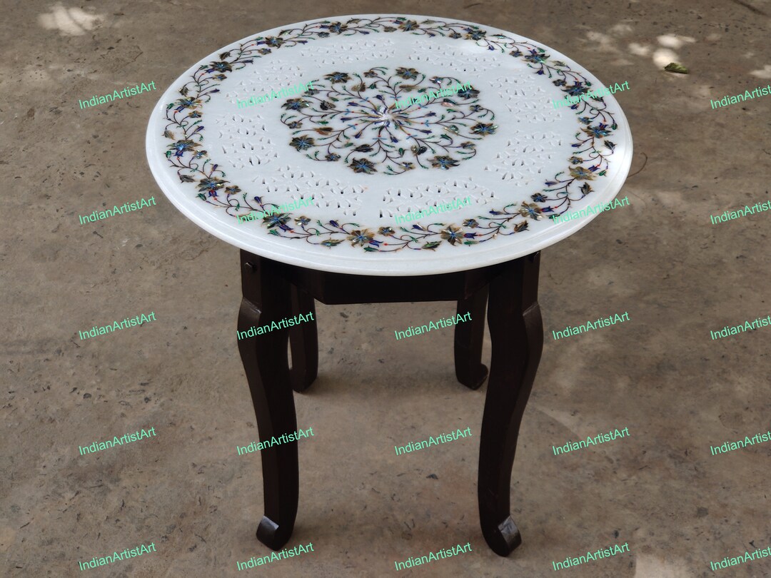 Abalone Inlaid White Marble Coffee Table With Wooden Stand (18 Inches ...