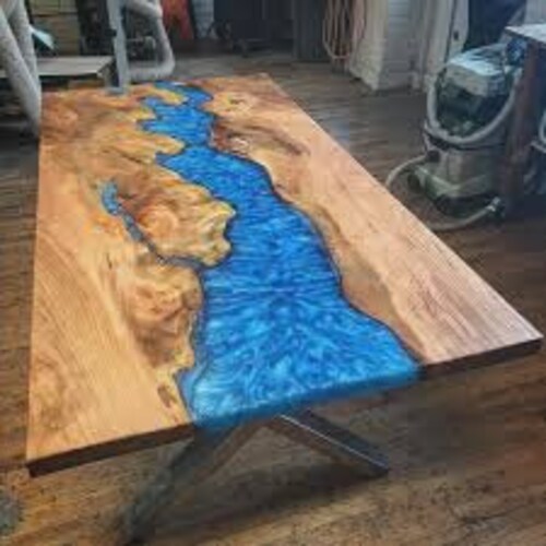 Epoxy Table Top / Wooden Epoxy Dining Table Top / Blue River - Etsy