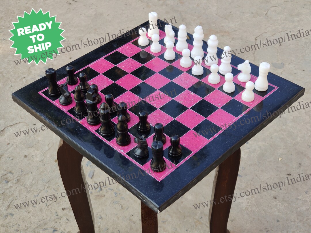 Pink Chess Board in Black Marble With Chess Set for Christmas Gifts ...