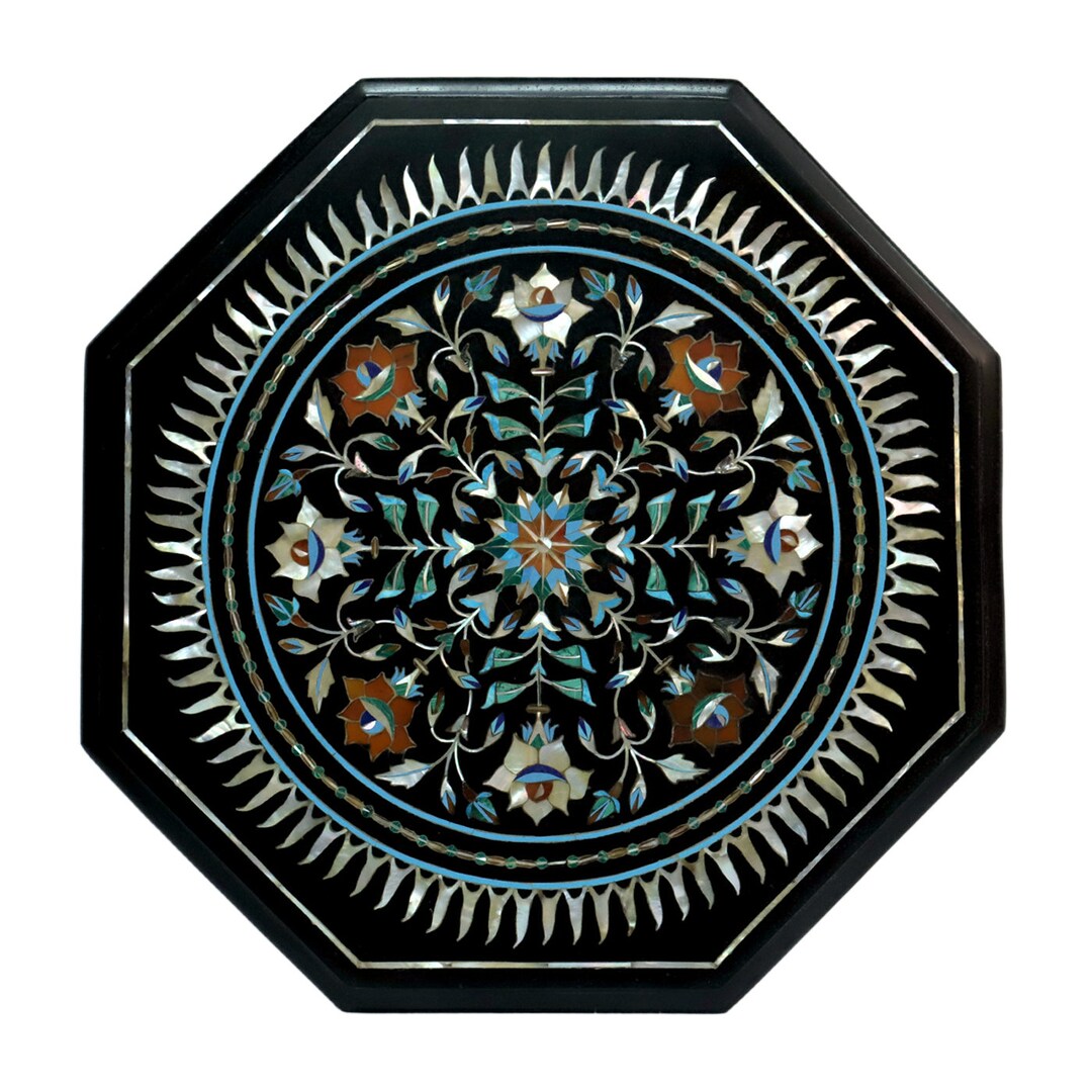 Black Marble Table Top: Taj Mahal Inlay Design, Indian Decor (17" X 17 ...