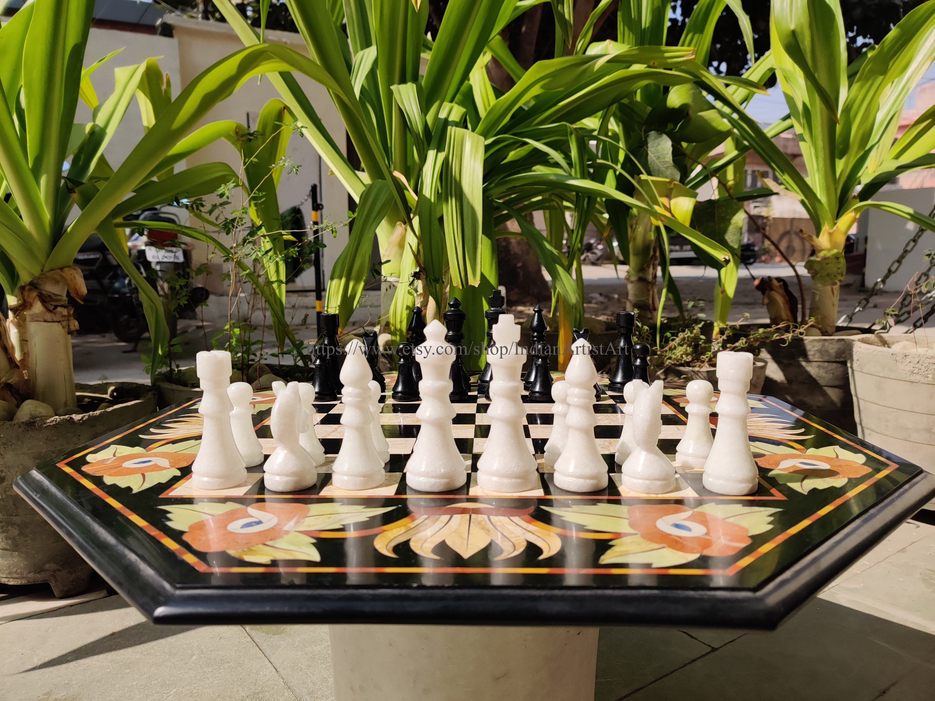 Chess Set Table in Black Marble With Pieces for Farmhouse and | Etsy