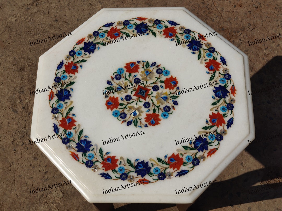 Marble Inlay Coffee Table Top / Taj Mahal Design Table Top With Wooden ...