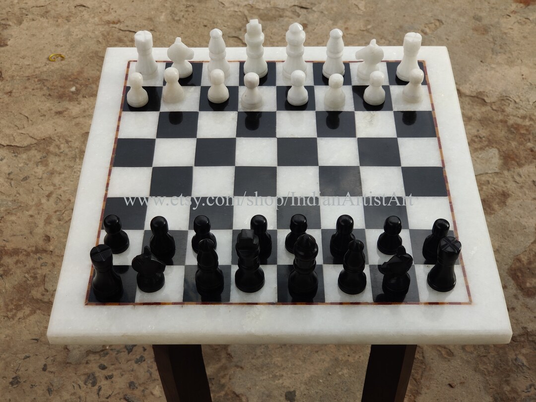 Handmade Marble Chess Set: Indian Tabletop Board With Mango Wood Stand ...