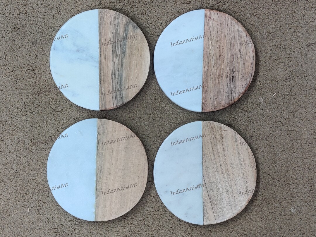 Half Marble and Half Wood Made Coasters Set / Set of Four Marble ...