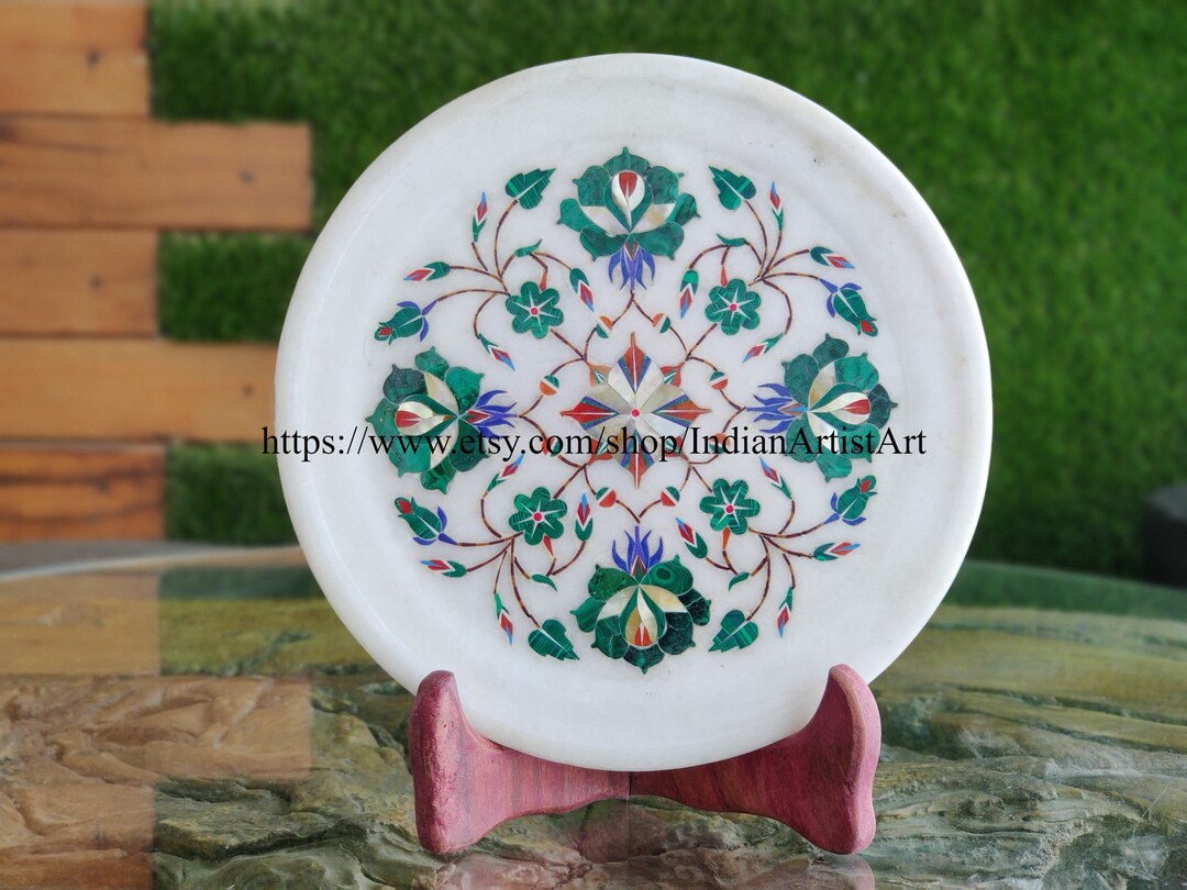 Plates in White Marble Inlay Art / Flower Inlaid Round Plates in Marble ...