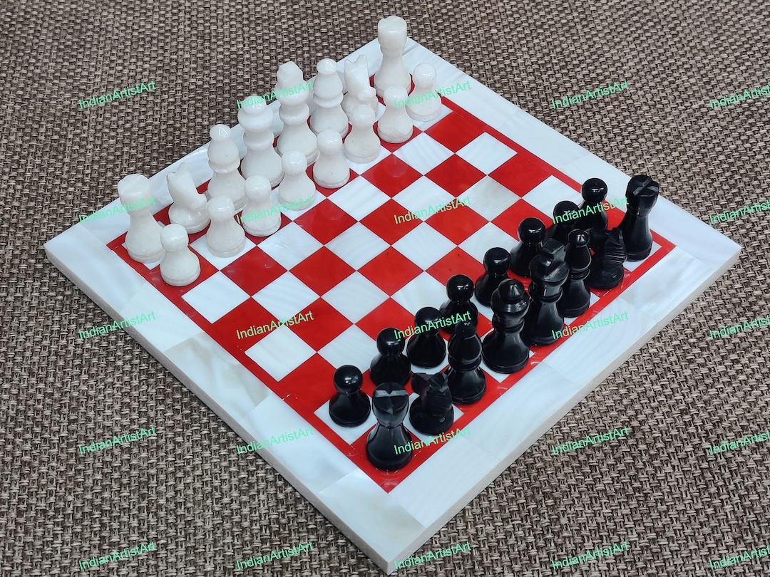 Stone Chess Set With Pieces / Red Onyx and White MOP Chess Table ...