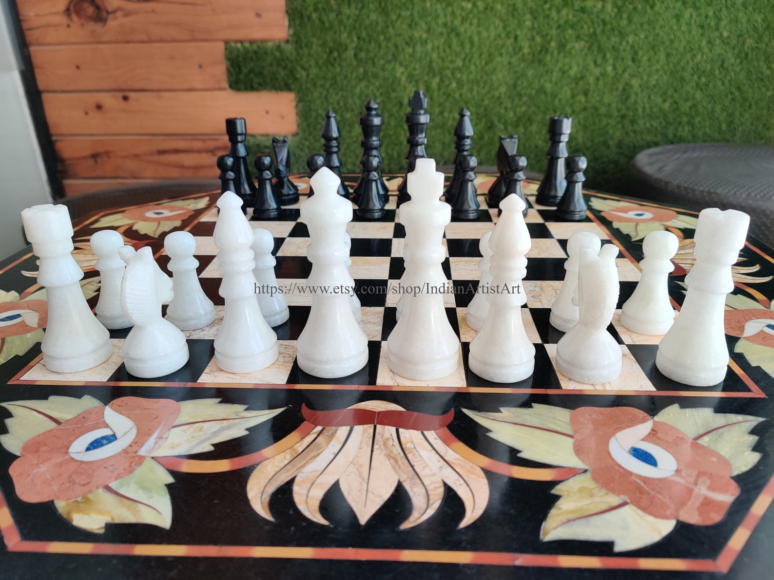 Chess Set Table in Black Marble With Pieces for Farmhouse and | Etsy