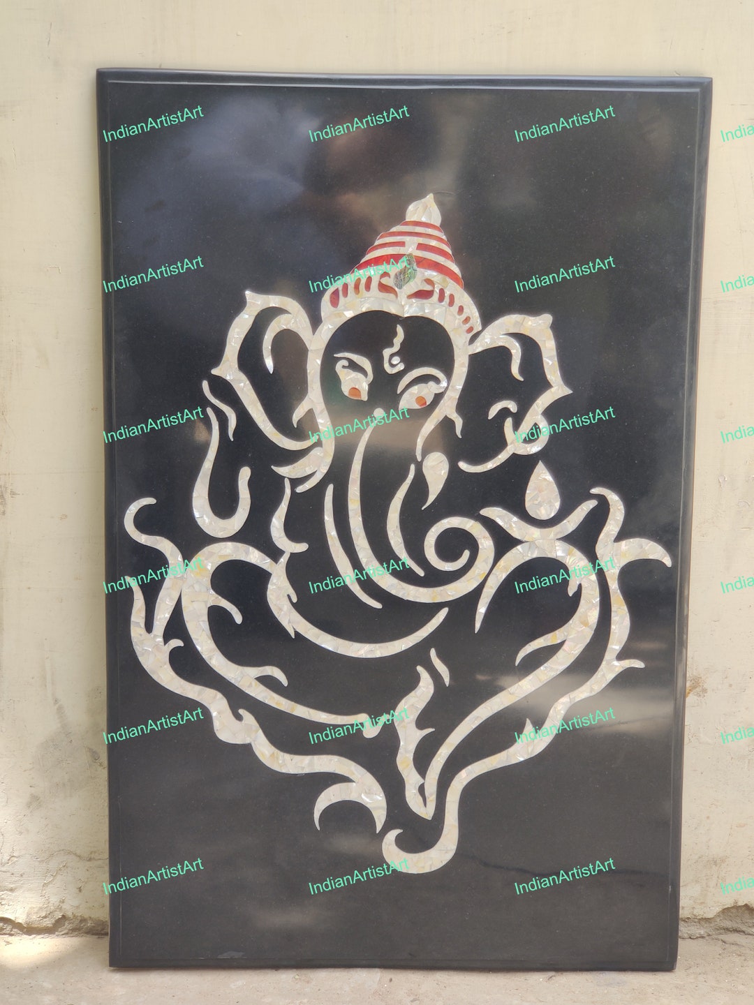 Black Marble Ganesh Design Wall Hanging Panel / Wall Panel Inlaid With ...
