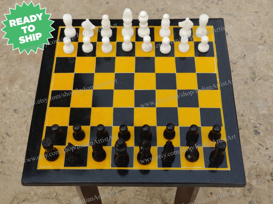 Yellow Chess Board in Black Marble With Complimentary Wooden Stand ...