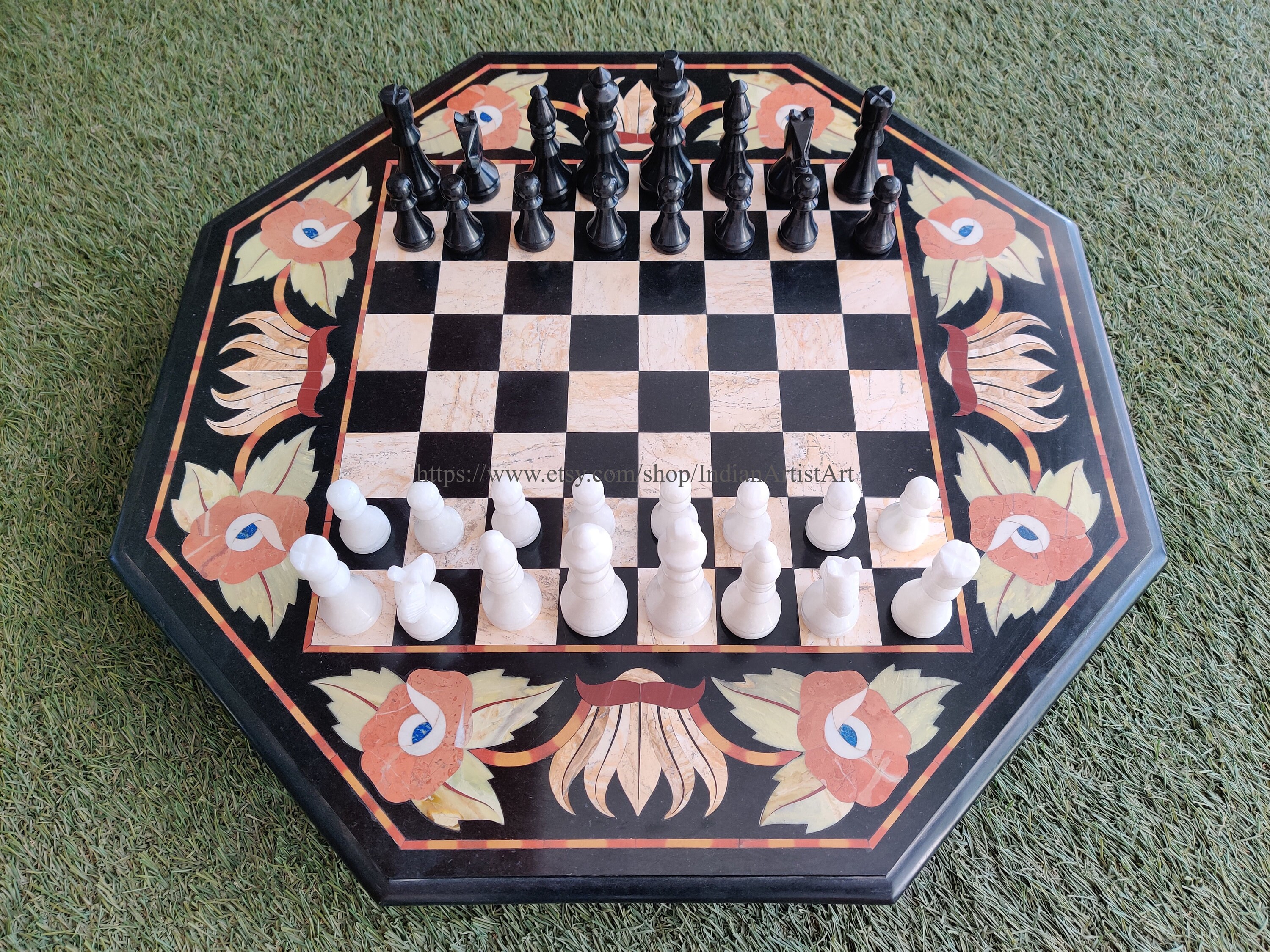 Chess Set Table in Black Marble With Pieces for Farmhouse and | Etsy