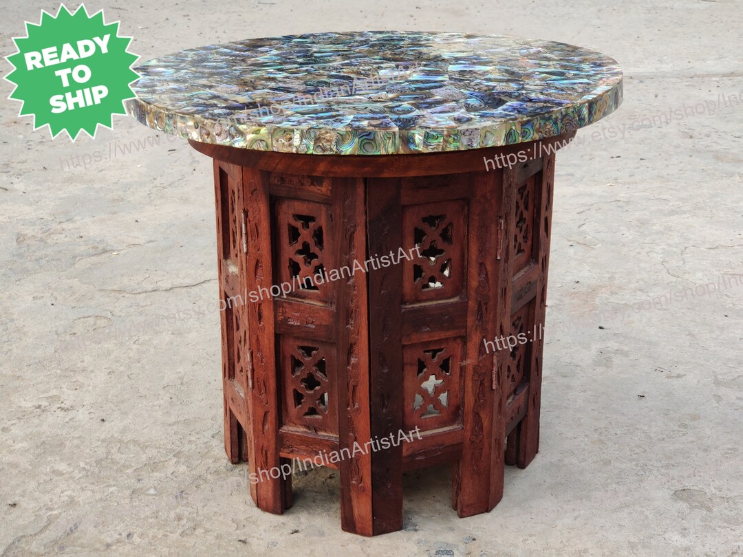 Paua Shell Coffee Table With Hand Carving Wooden Stand / White Marble ...