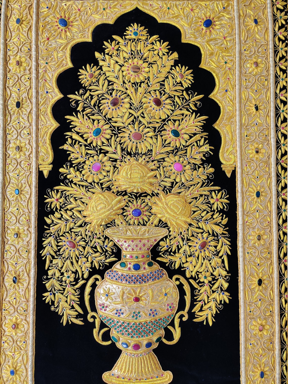 Golden Thread Zardozi Floral Tapestry With Semi Precious - Etsy