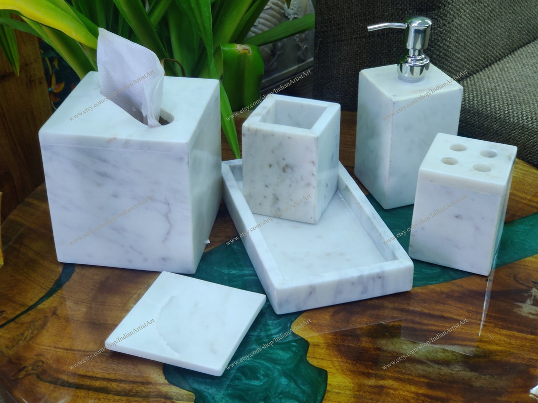 Bathroom Set in White Marble / Set of Six Pieces Bath Set / White ...