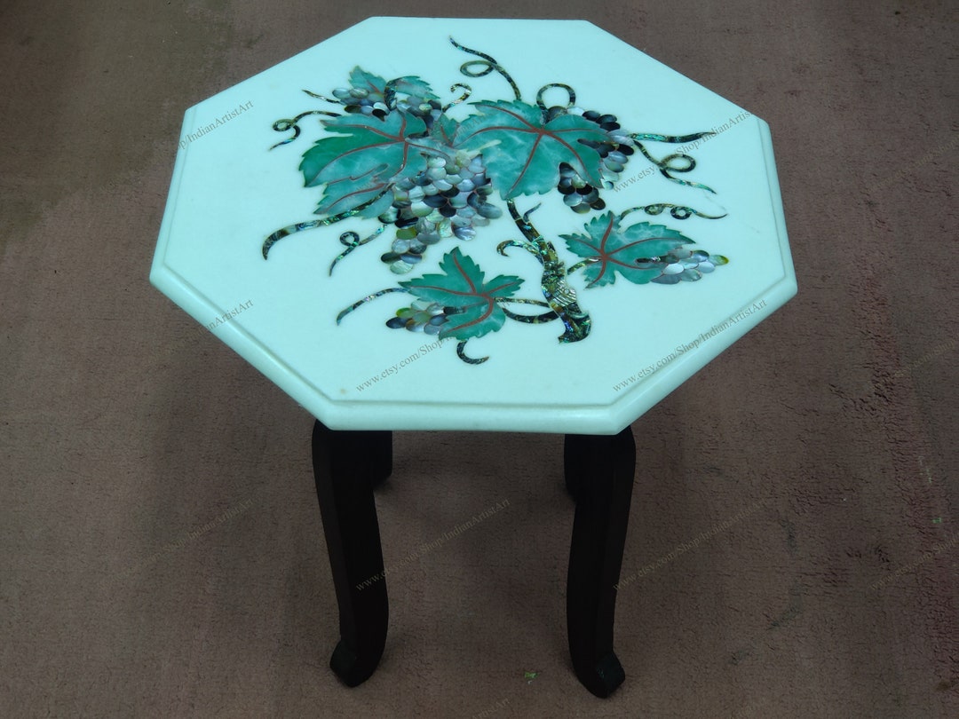 White Marble Coffee Table Top: Grapes Inlay Art, Wooden Stand Included ...