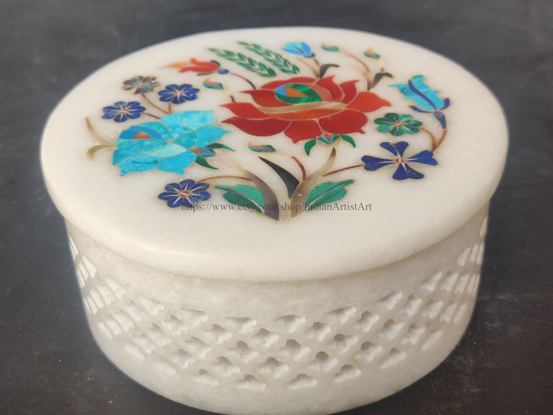 Marble Round Box, White Marble Lattice Art, Marble Jewellery Box ...