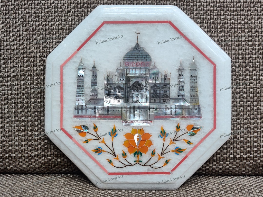 White Marble Table Top With Taj Mahal Picture / Mother of Pearl Inlaid ...