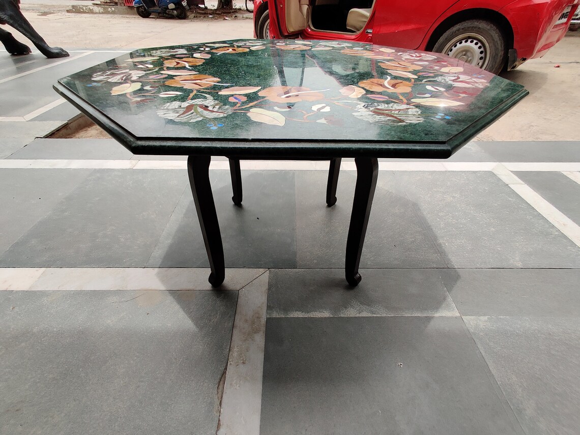 Octangular Table Top in Green Marble With Hibiscus Flower - Etsy
