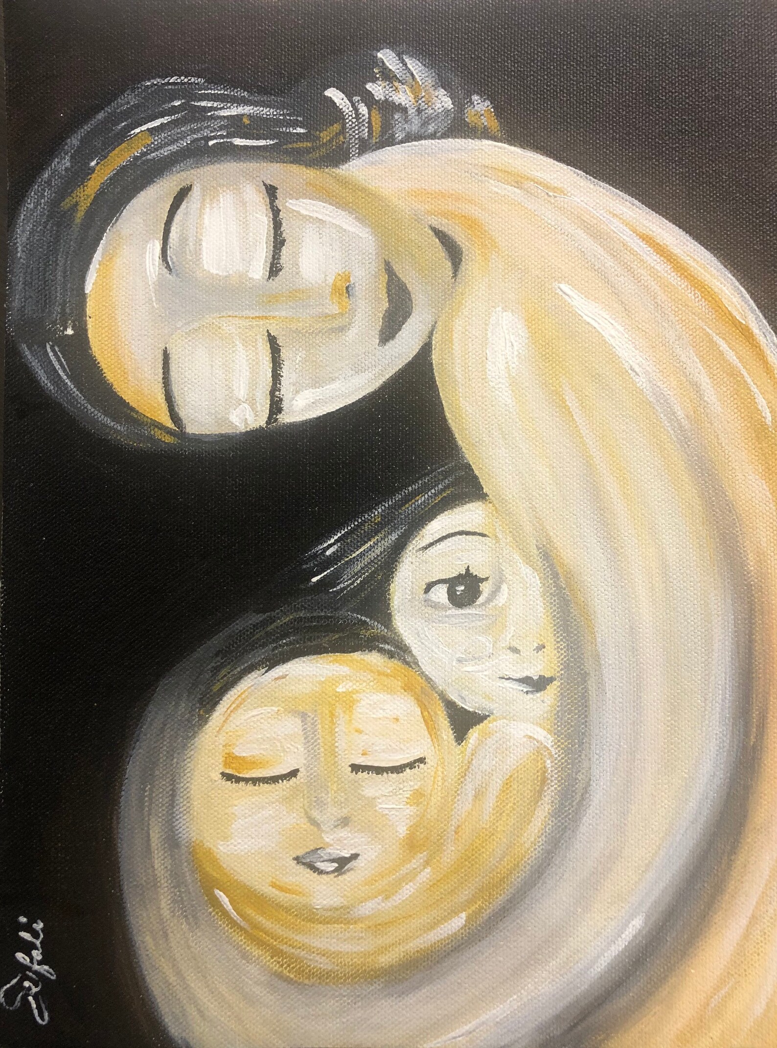 Original Art on Canvas, Mother’s Love! Acrylics Modern Abstract, Black ...