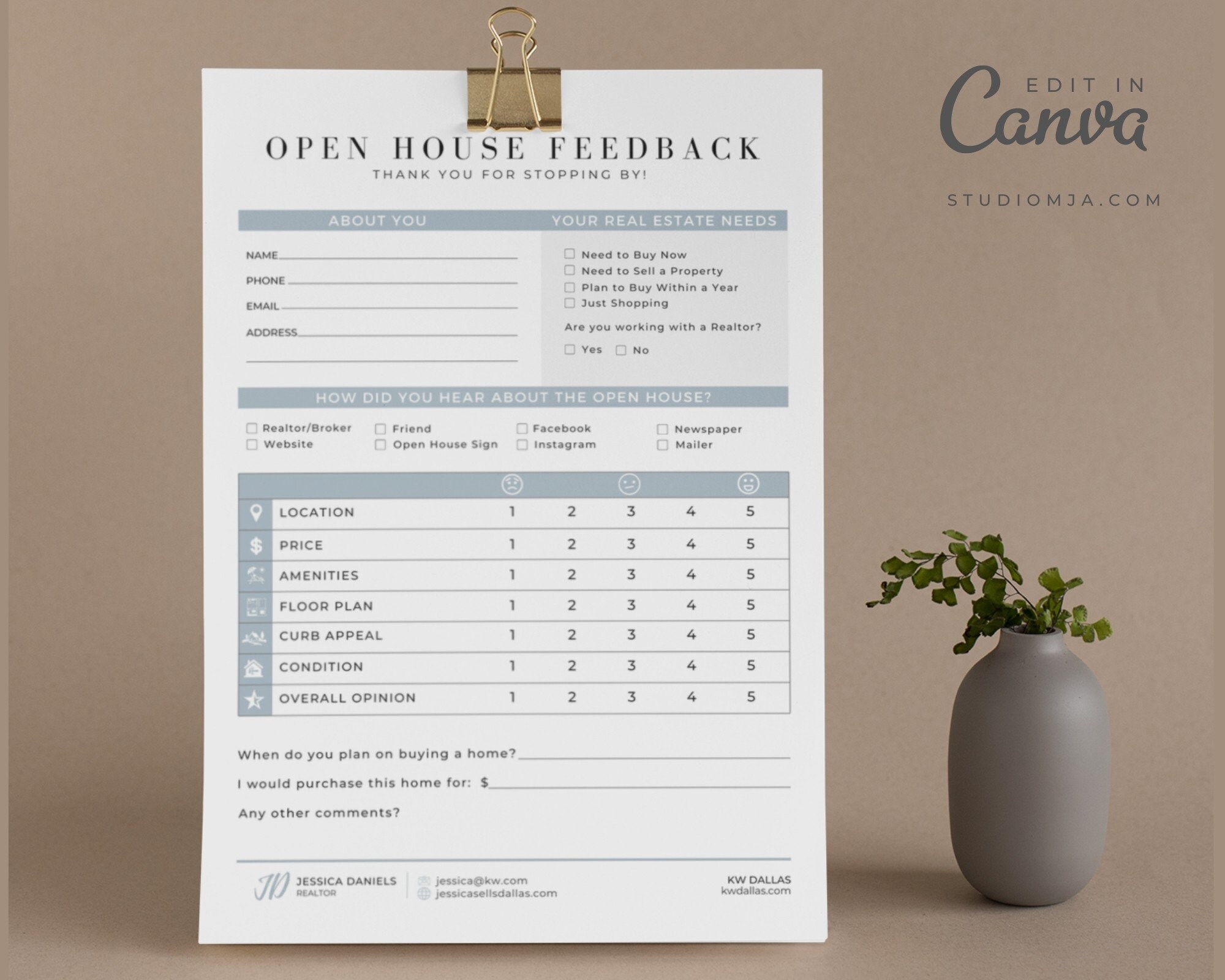 Open House Feedback Form | Open House Signin| Canva Template | Realtor ...