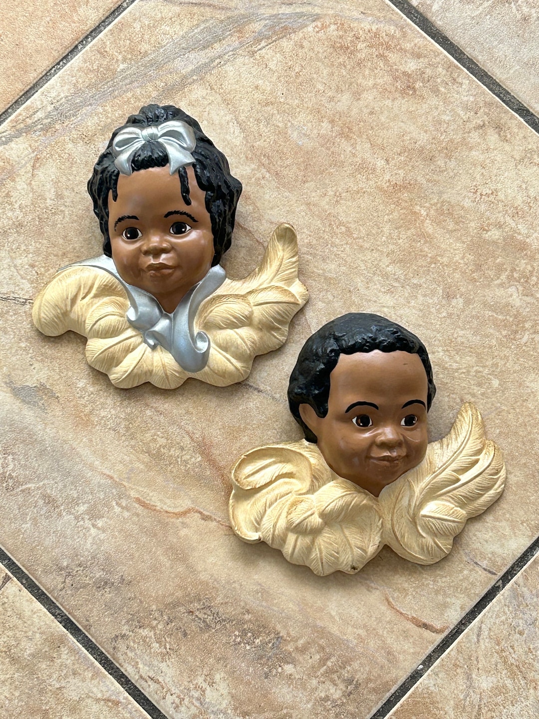 Pair of African American Angel Cherub Head Bust With Wing Wall Mount ...