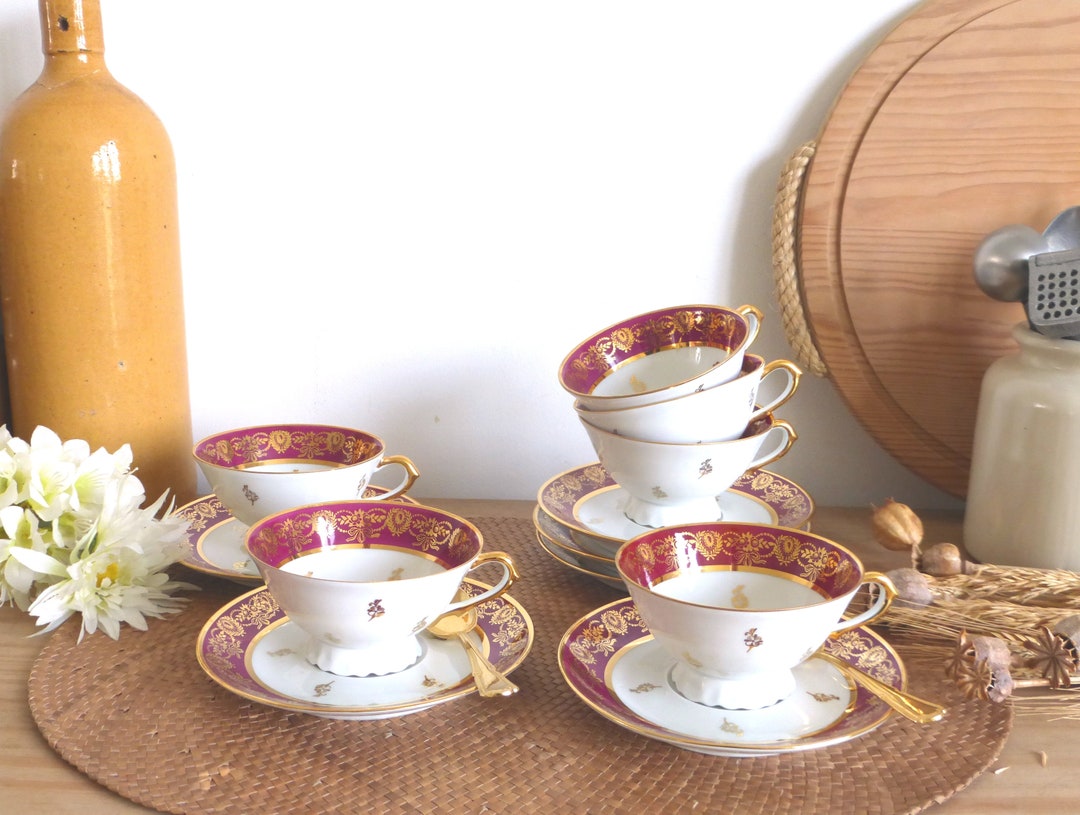 Stunning Set of Six French Vintage LIMOGES Porcelain Footed Coffee Cups ...