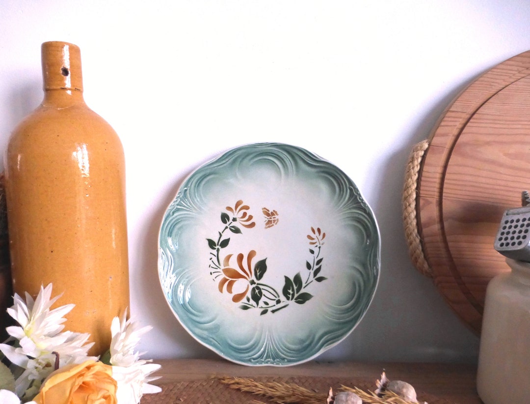 Stunning French Antique Ironstone Plate by EF BORDEAUX Stencil Floral ...