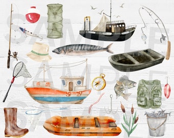 Watercolor Fishing Clipart, Summer Clipart, Camping Clipart, Digital ...