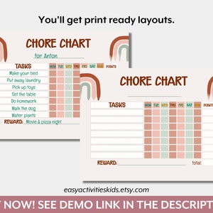 Kids Chore Chart Boho Rainbow, Editable & Printable Reward System ...