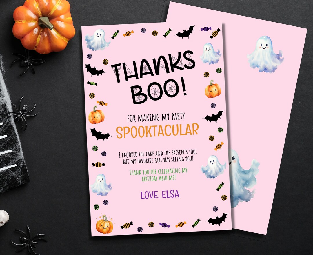Editable Thanks Boo Halloween Thank You Card Pink Ghost Pumpkin ...