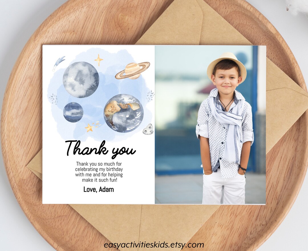 Editable Space Birthday Thank You Card With Photo, Space to the Moon ...