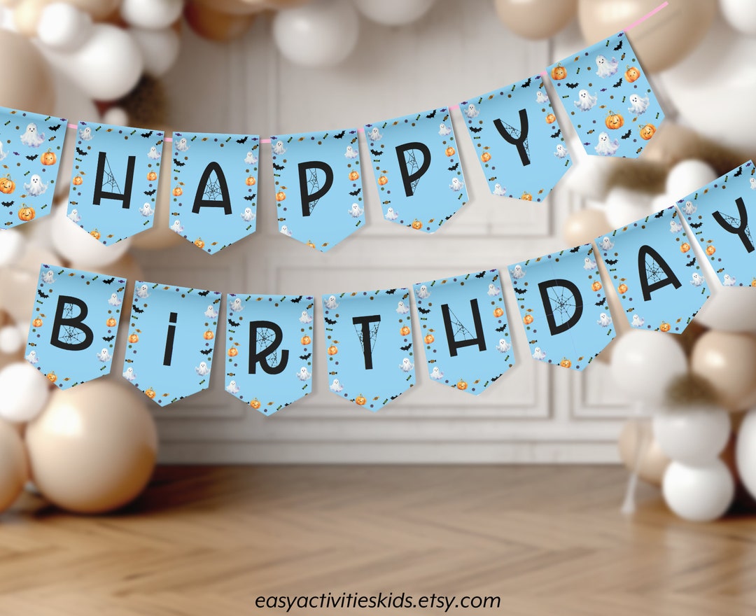 Editable Happy Birthday Banner Halloween Ghost Boo Blue Party ...
