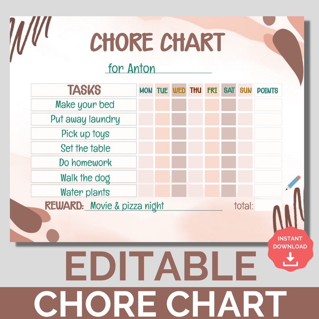 Kids Chore Chart Boho, Editable & Printable Reward System | Kids Daily ...