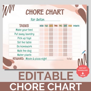Kids Chore Chart Boho, Editable & Printable Reward System | Kids Daily ...