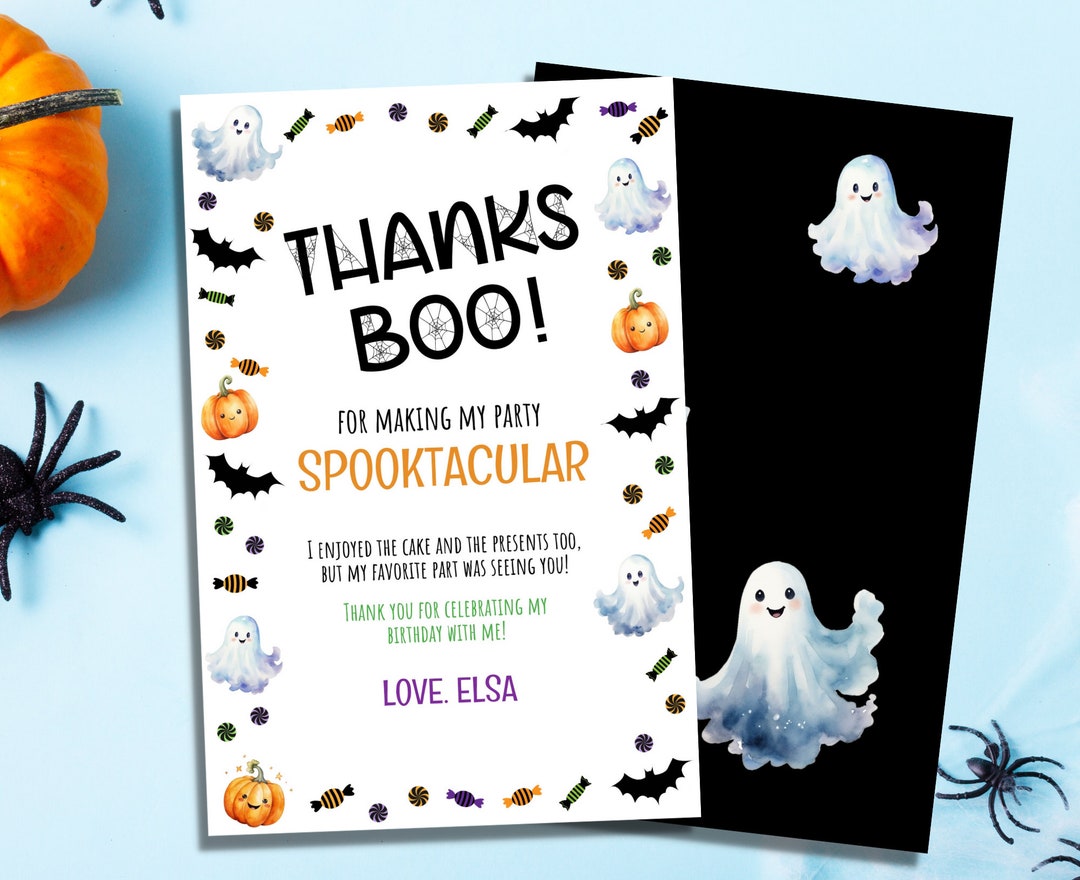 Editable Thanks Boo Halloween Thank You Card Ghost Pumpkin Birthday ...