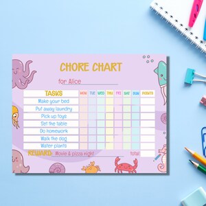 Kids Chore Chart Under the Sea, Editable & Printable Reward System ...