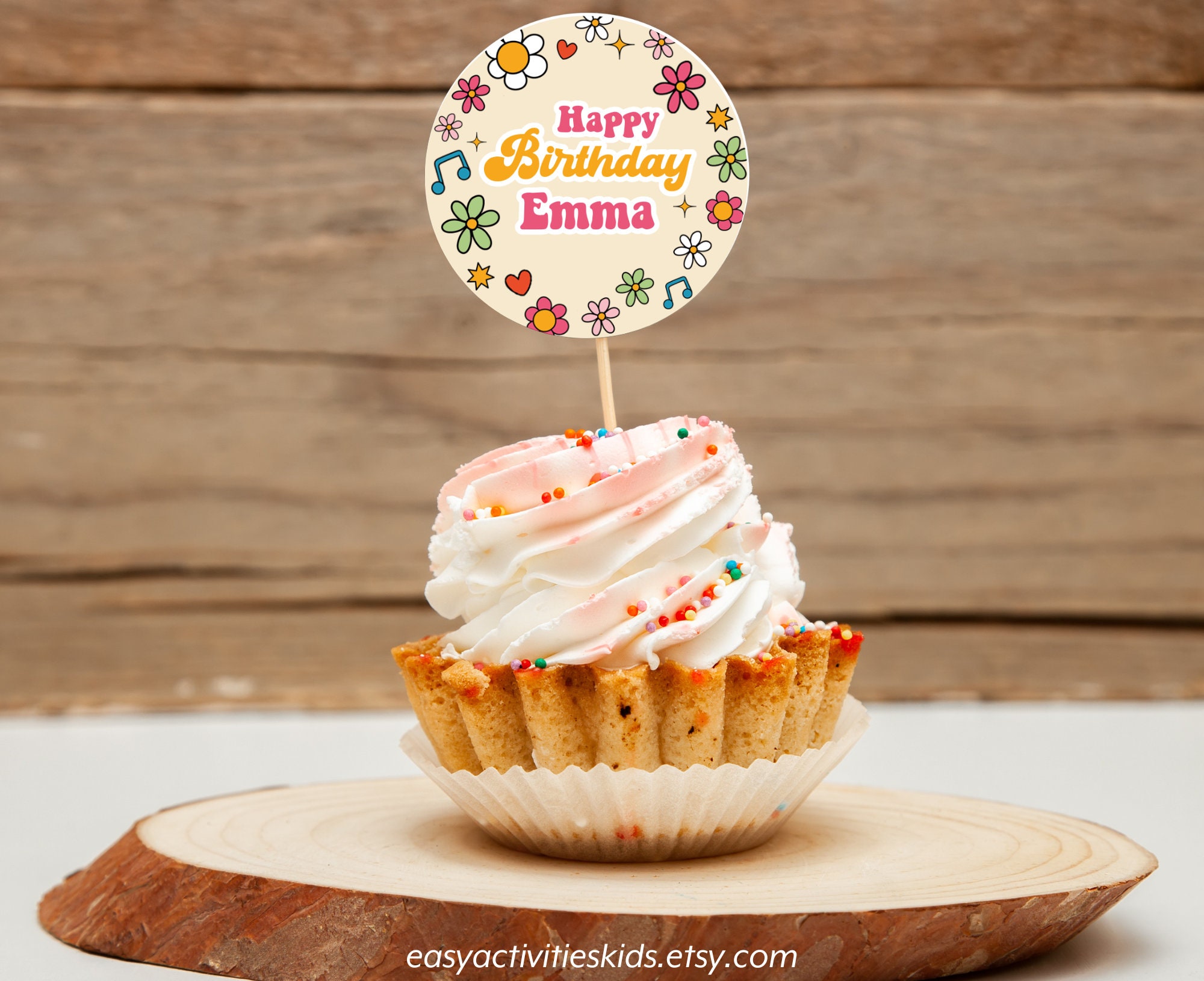 Editable Groovy Retro Birthday Cupcake Toppers Hippie Flower - Etsy