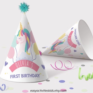 Editable Printable Unicorn Party Hats Rainbow Girl Magical Pink ...