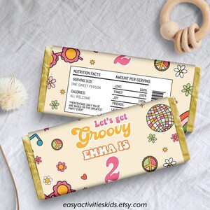Editable Groovy Retro Chocolate Bar Labels Candy Wrapper, Hippie Flower ...